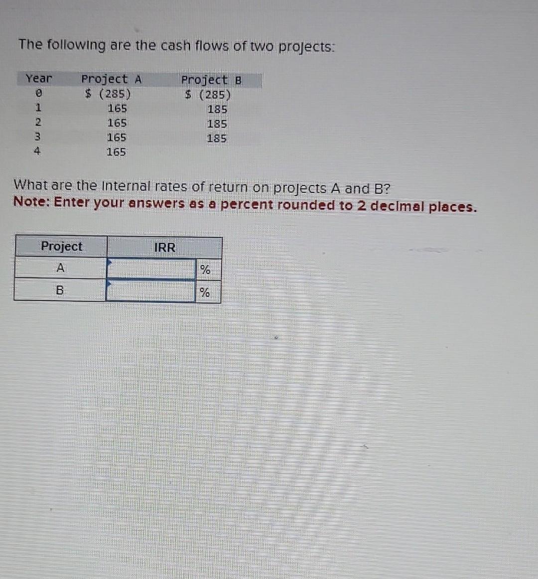 Solved The following are the cash flows of two projects: | Chegg.com