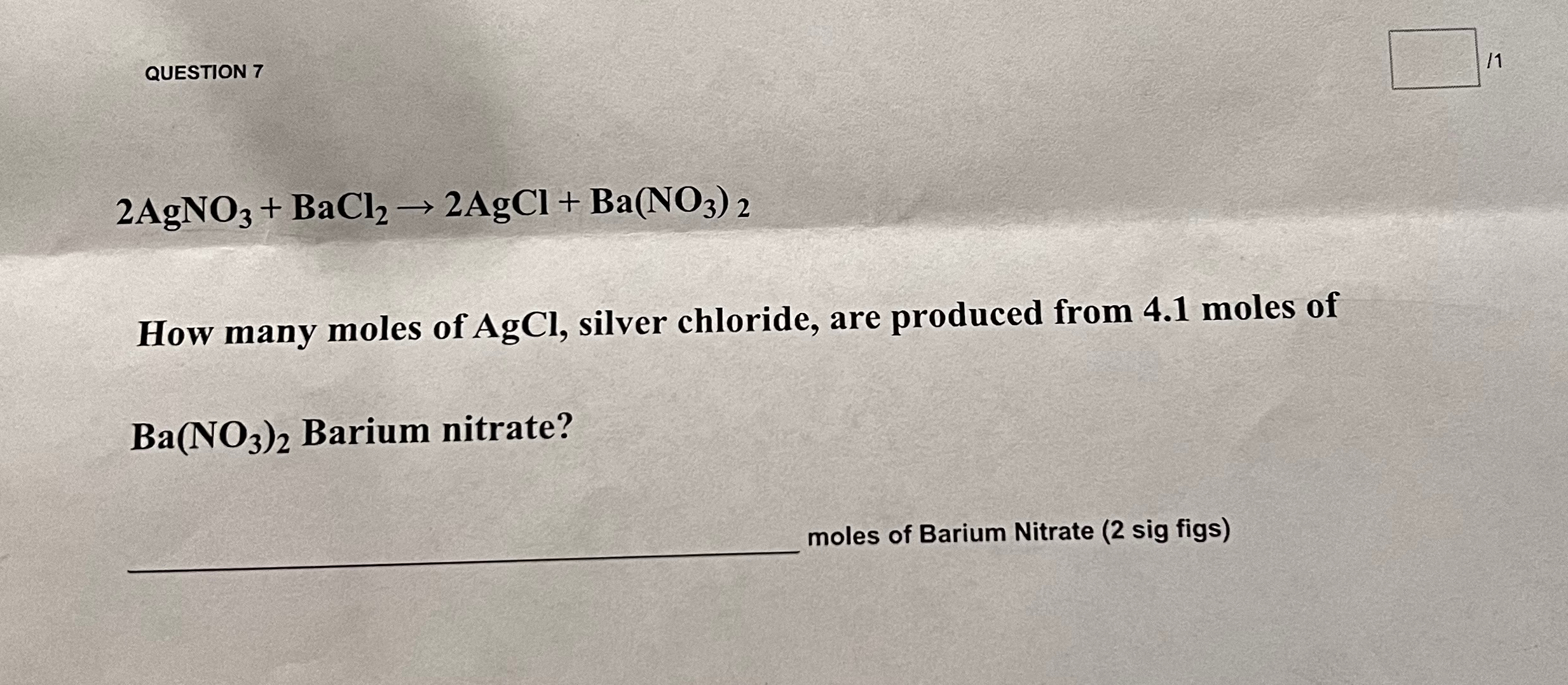 Solved QUESTION 7112AgNO3+BaCl2→2AgCl+Ba(NO3)2How many moles | Chegg.com