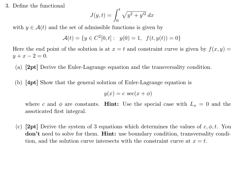 Solved Define the functionalJ(y,t)=∫0ty2+y'22dxwith yinA(t) | Chegg.com
