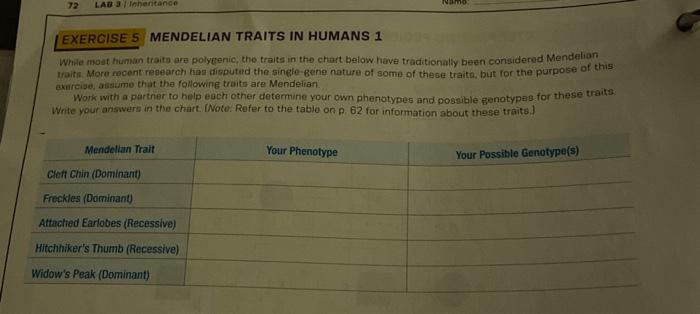 EXERCISE 5 MENDELIAN TRAITS IN HUMANS 1 While most | Chegg.com