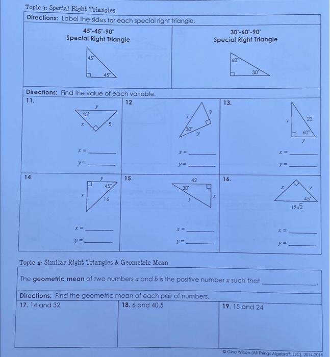 Solved Topic 3: Special Right Triangles Directions: Label | Chegg.com