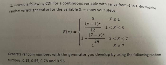 Solved 1. Given the following CDF for a continuous variable | Chegg.com