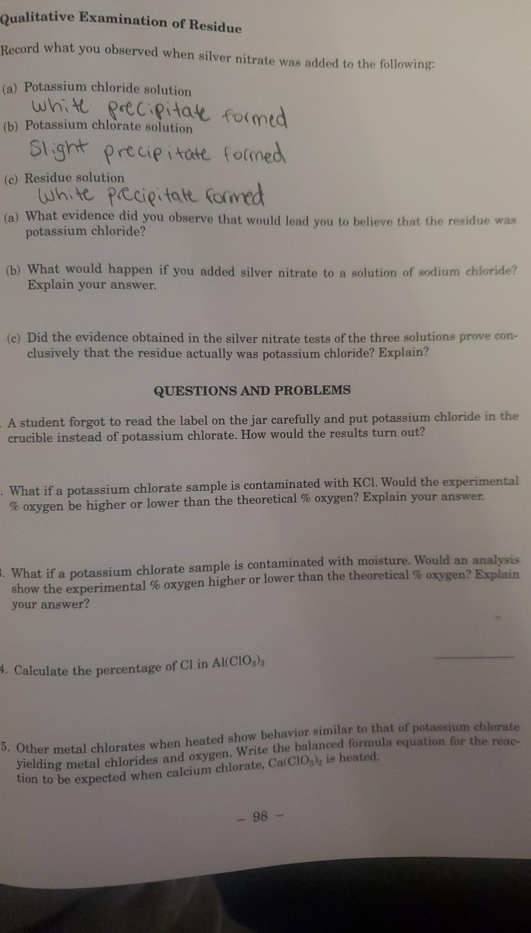 Solved What if a potassium chlorine sample is contaminated | Chegg.com