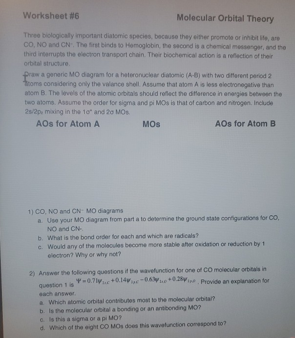 Solved Worksheet #6 Molecular Orbital Theory Three | Chegg.com