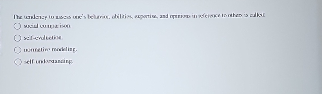 Solved The tendency to assess one's behavior, abilities, | Chegg.com
