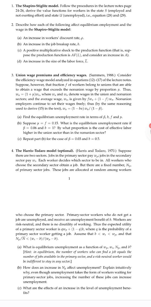 Solved 1. The Shapiro-Stiglitz model. Follow the procedures | Chegg.com