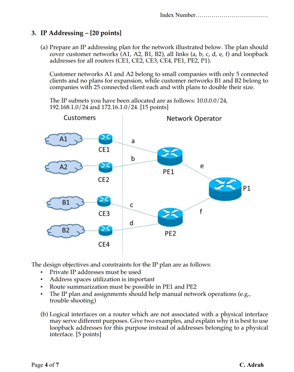 Solved Index Number.3. ﻿IP Addressing - [20 ﻿points](a) | Chegg.com
