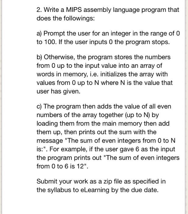 Solved 2. Write a MIPS assembly language program that does | Chegg.com
