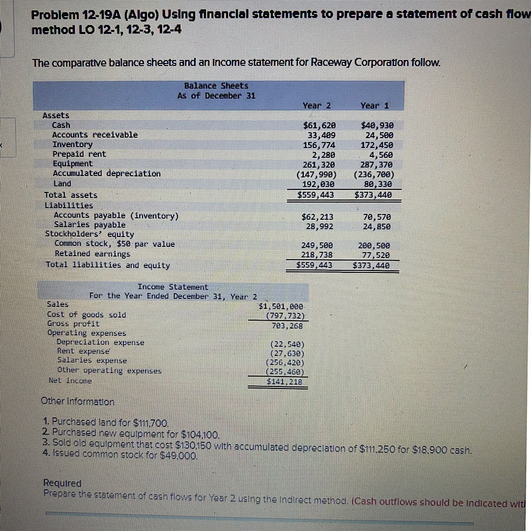 Solved Problem 12-19A (Algo) ﻿Using financlal statements to | Chegg.com