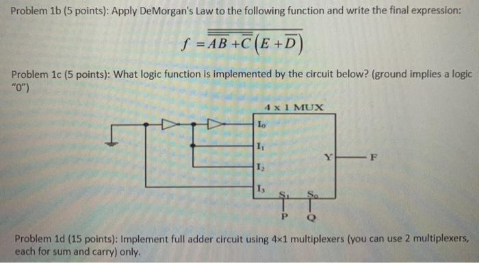 Solved Problem 1b (5 points): Apply DeMorgan's Law to the | Chegg.com