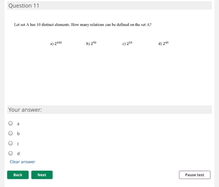 Solved Question 11 Let set A has 10 distinct elements. How | Chegg.com