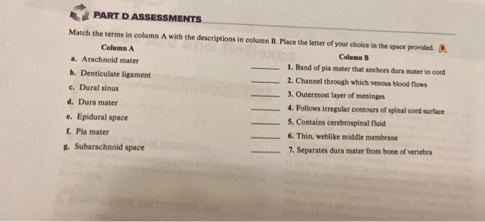 Solved PART D ASSESSMENTS Match the terms in column A with | Chegg.com