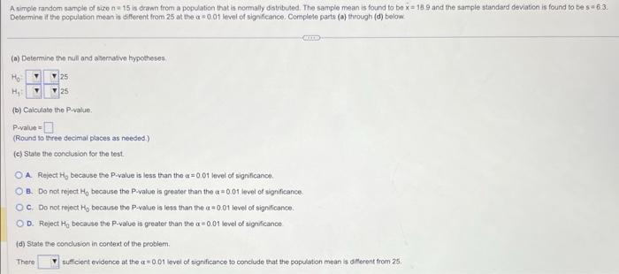 Solved A simple random sample of size n=15 is drawn from a | Chegg.com
