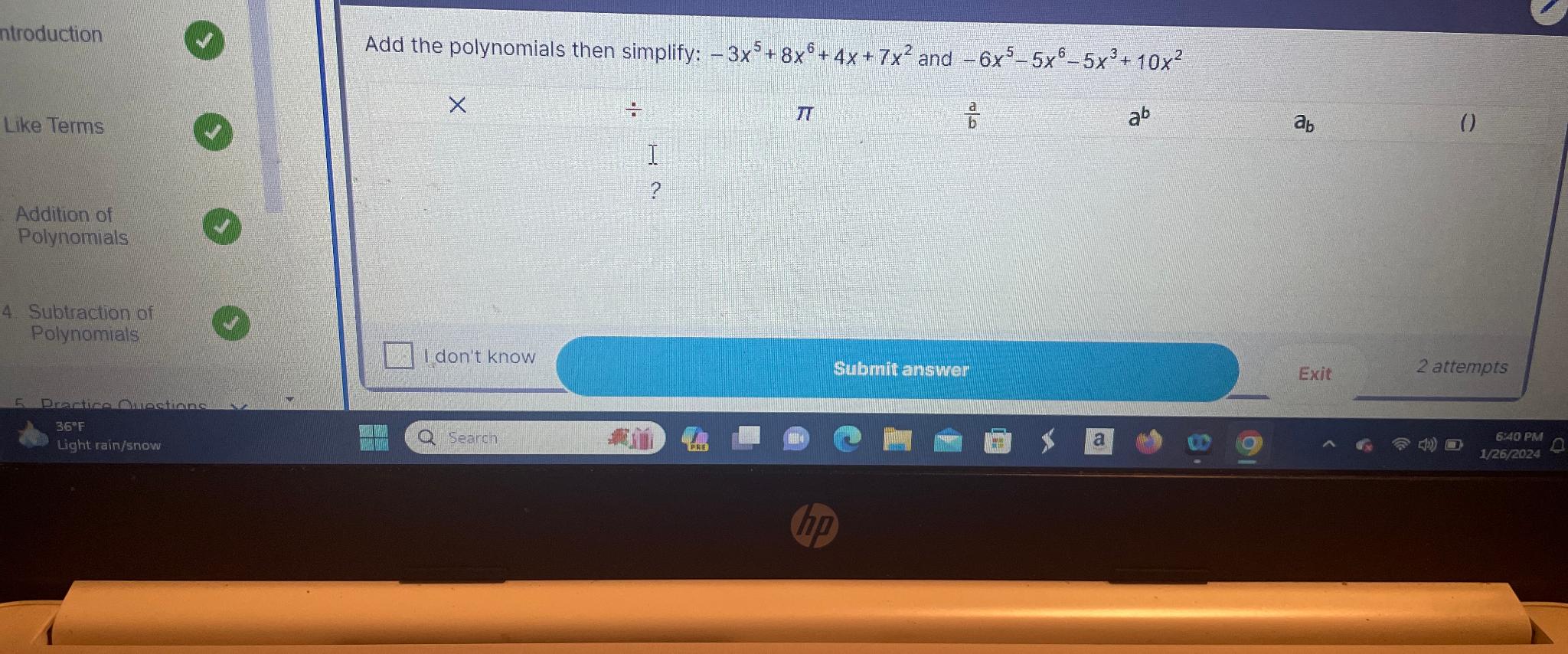 Solved Add the polynomials then simplify: -3x5+8x6+4x+7x2 | Chegg.com