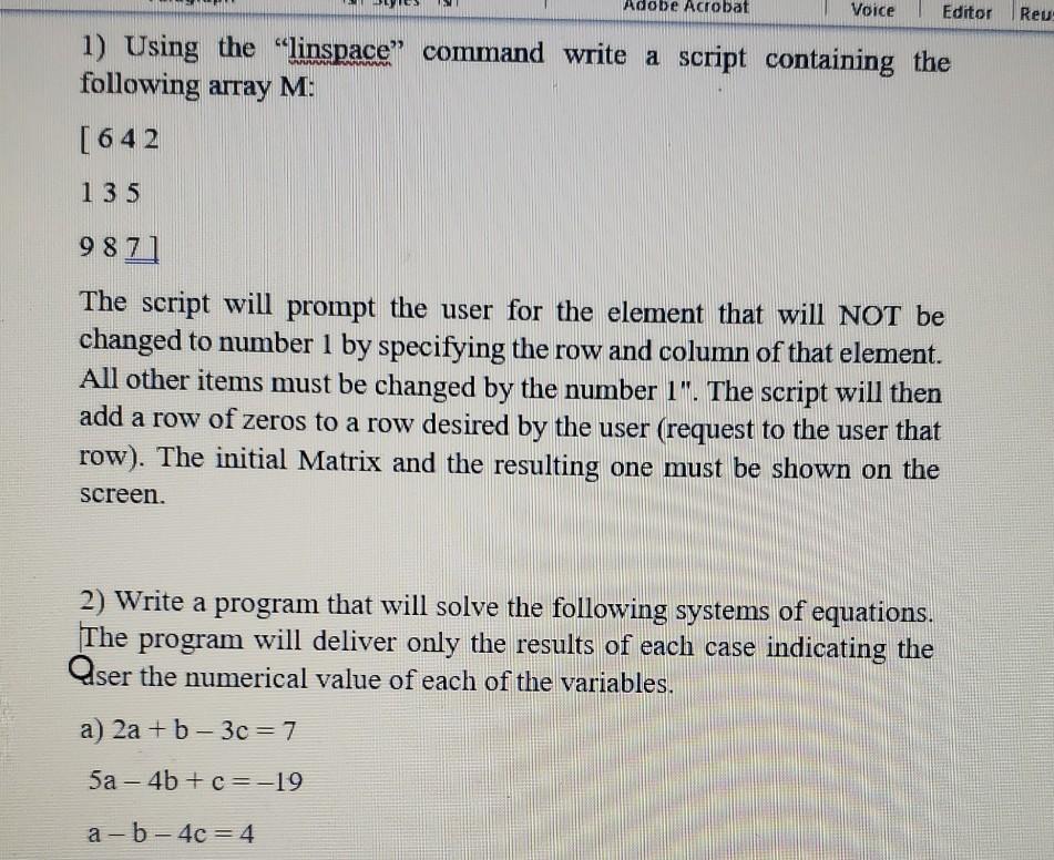 Solved Adobe Acrobat Voice 1) Using the "linspace" command | Chegg.com