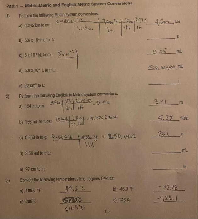 Solved Part 1 - Metric:Metric and English:Metric System | Chegg.com