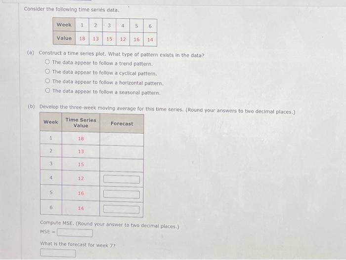 Solved Consider the following time series data. (a) | Chegg.com