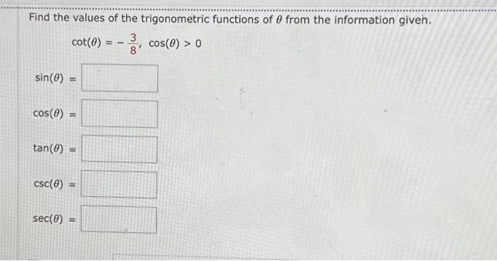 Solved Find the values of the trigonometric functions of 0 | Chegg.com