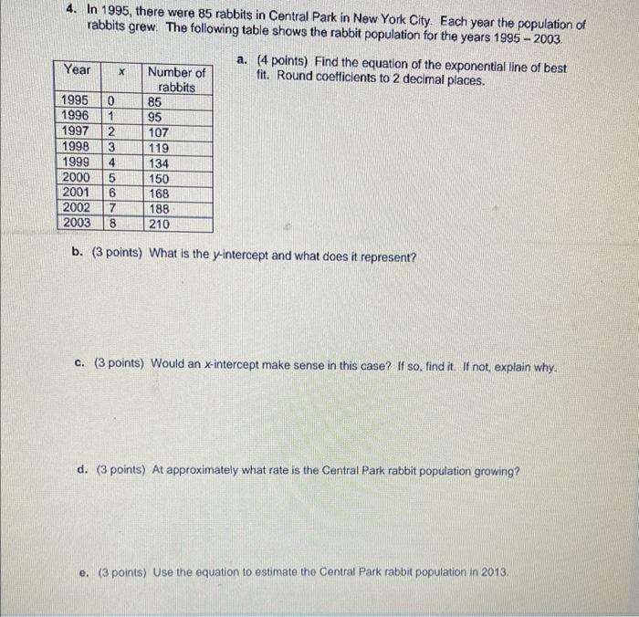 Solved 4. In 1995 , there were 85 rabbits in Central Park in | Chegg.com