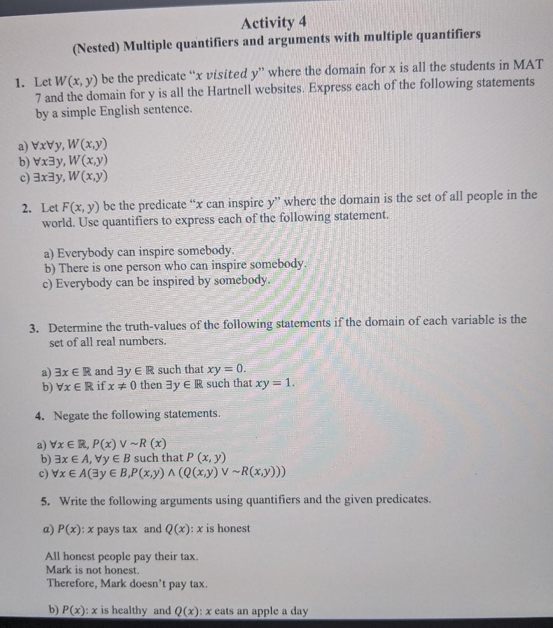 Solved Activity 4 (Nested) Multiple quantifiers and | Chegg.com
