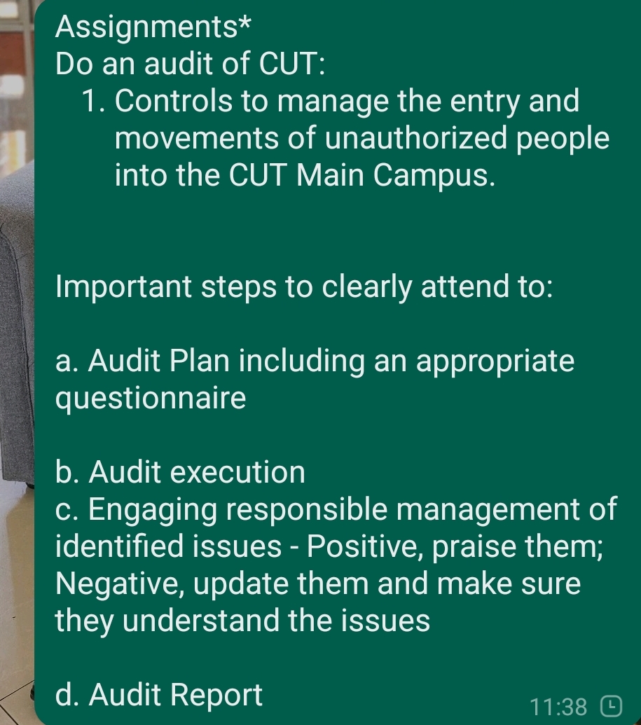 Solved Assignments*Do an audit of CUT:Controls to manage the | Chegg.com