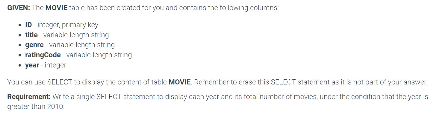 Solved GIVEN: The MOVIE table has been created for you and | Chegg.com