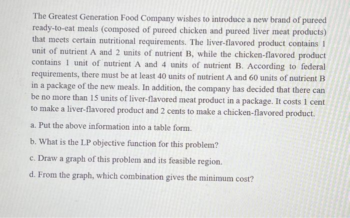 Solved The Greatest Generation Food Company wishes to | Chegg.com