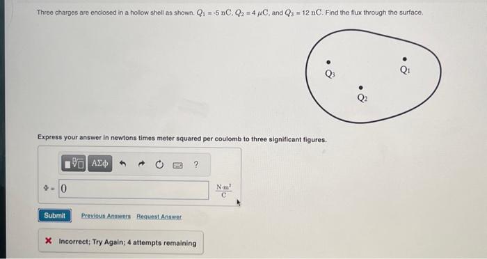 Solved Three charges are enclosed in a hollow shell as | Chegg.com