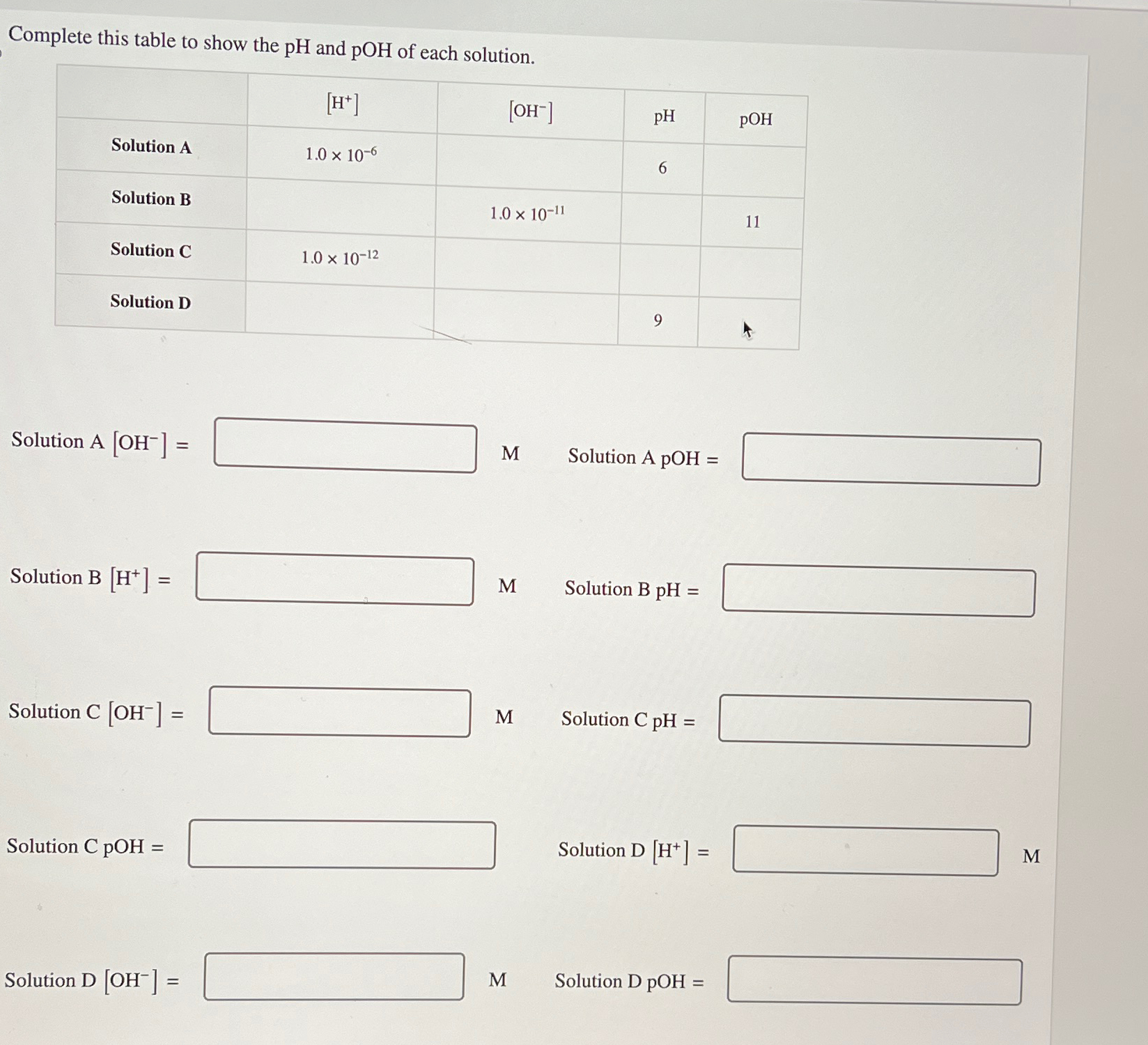 Solved Complete this table to show the pH ﻿and pOH of each | Chegg.com