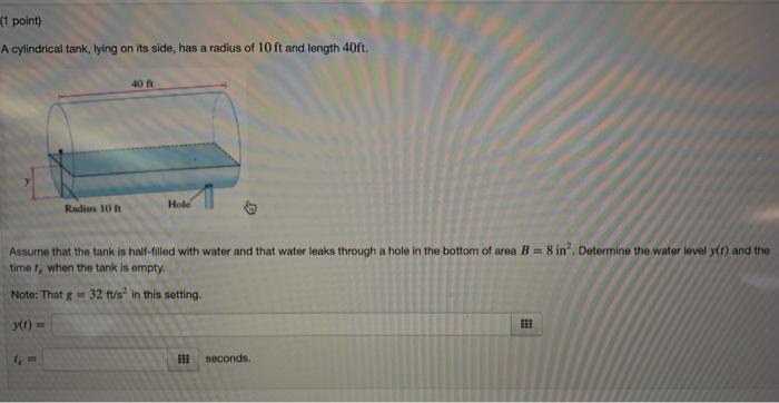 Solved *1 point) A cylindrical tank, lying on its side, has | Chegg.com