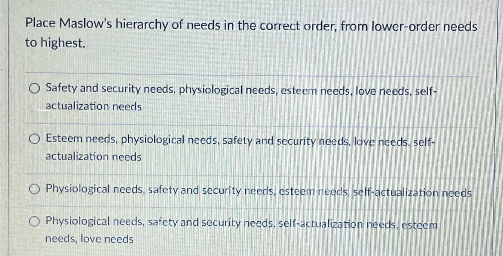 Solved Place Maslow's hierarchy of needs in the correct | Chegg.com