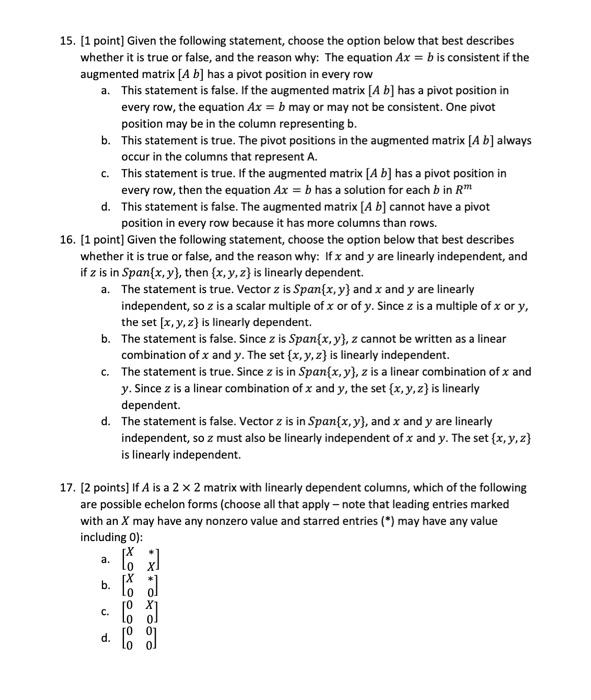 Solved 15. [1 point] Given the following statement, choose | Chegg.com