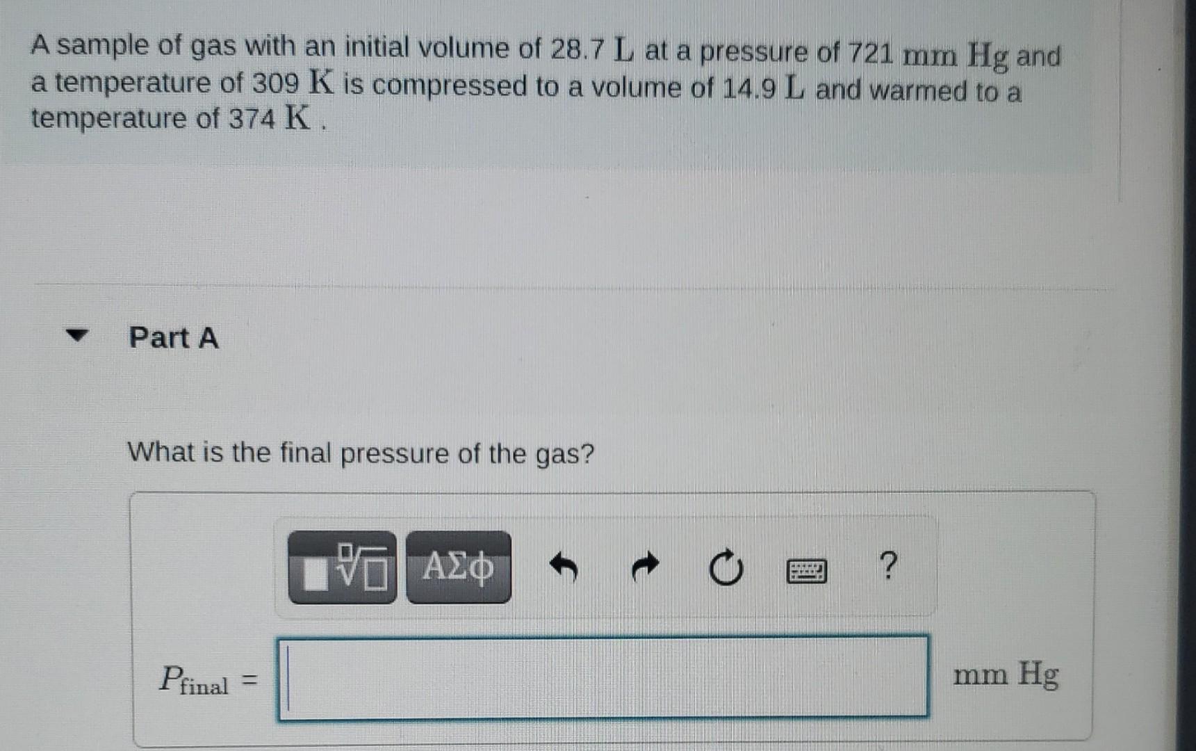 Solved A sample of gas with an initial volume of 28.7 L at a | Chegg.com