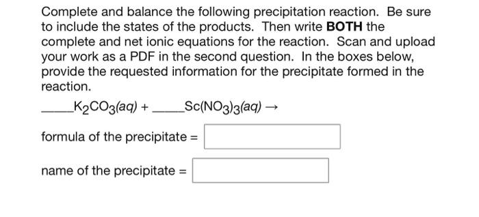 Solved Complete and balance the following precipitation | Chegg.com