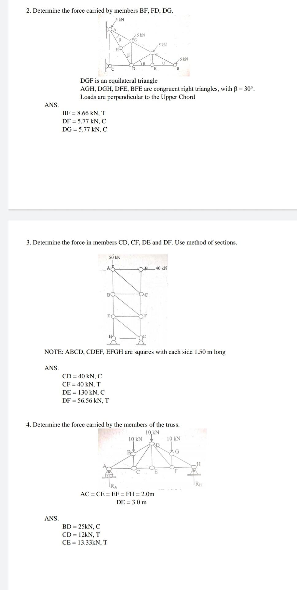 Solved 2. Determine the force carried by members BF, FD, DG. | Chegg.com