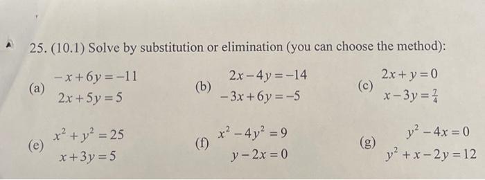 Solved 25. (10.1) Solve by substitution or elimination (you | Chegg.com