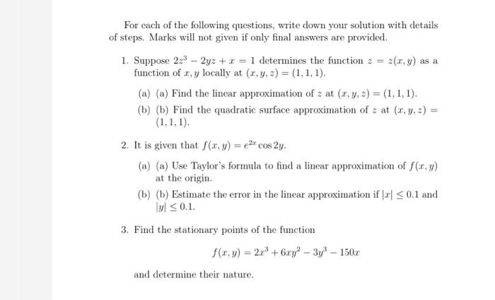 Solved For each of the following questions, write down your | Chegg.com