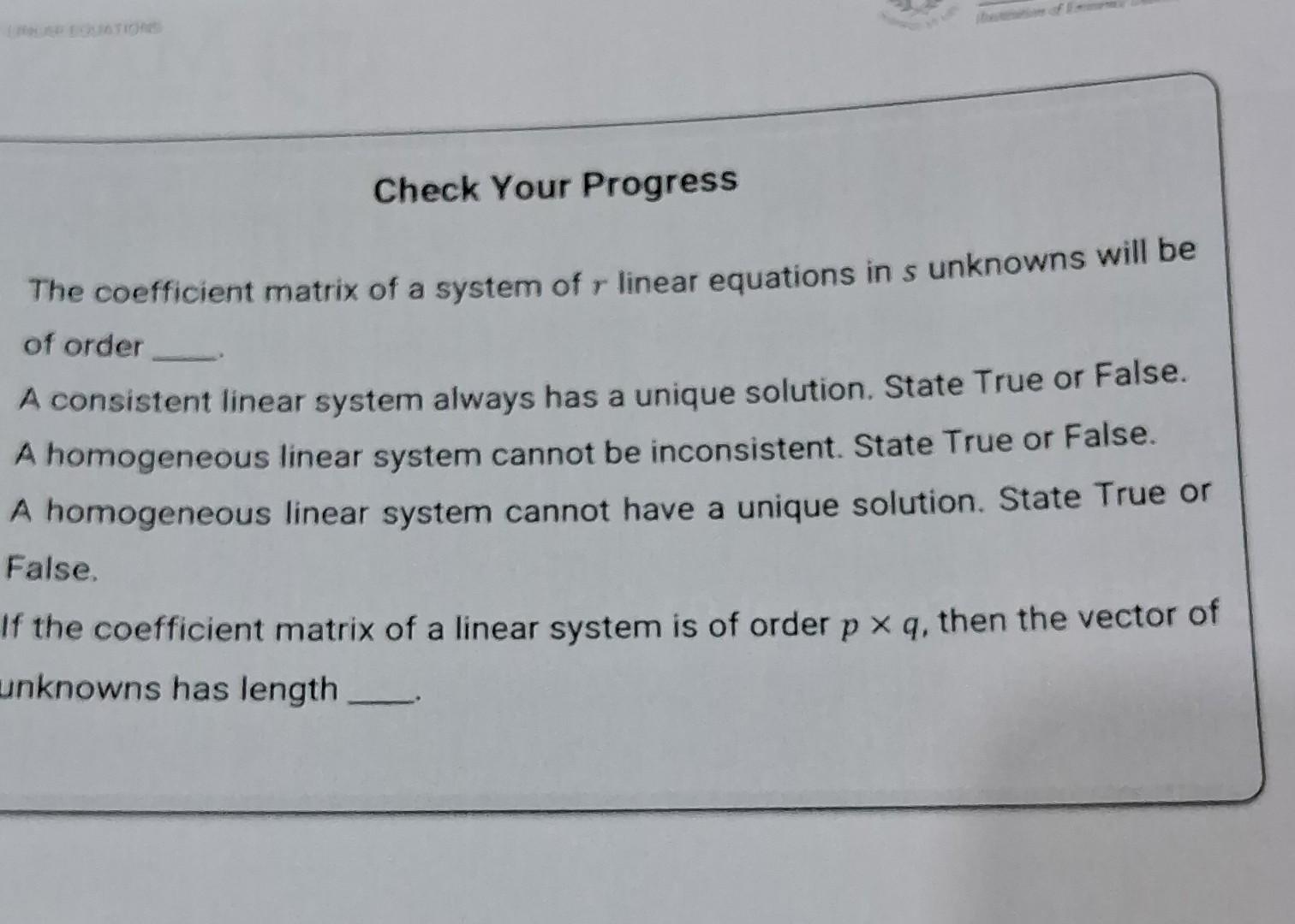 Solved Check Your Progress The coefficient matrix of a | Chegg.com