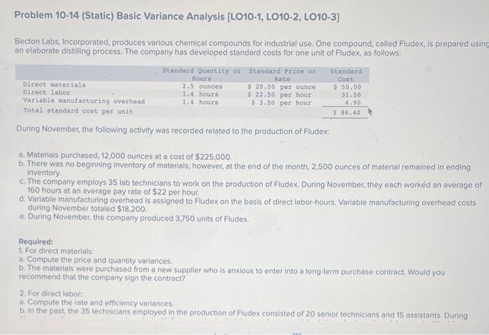 Solved Problem 10-14 (Static) Basic Variance Analysis | Chegg.com