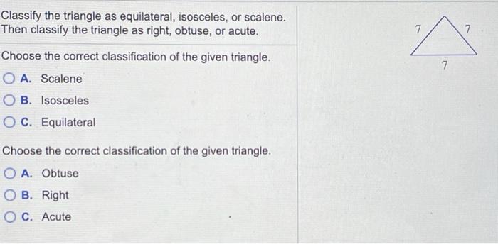 Solved Classify the triangle as equilateral, isosceles, or | Chegg.com