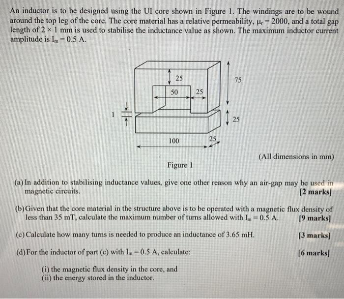 Solved An inductor is to be designed using the UI core shown | Chegg.com