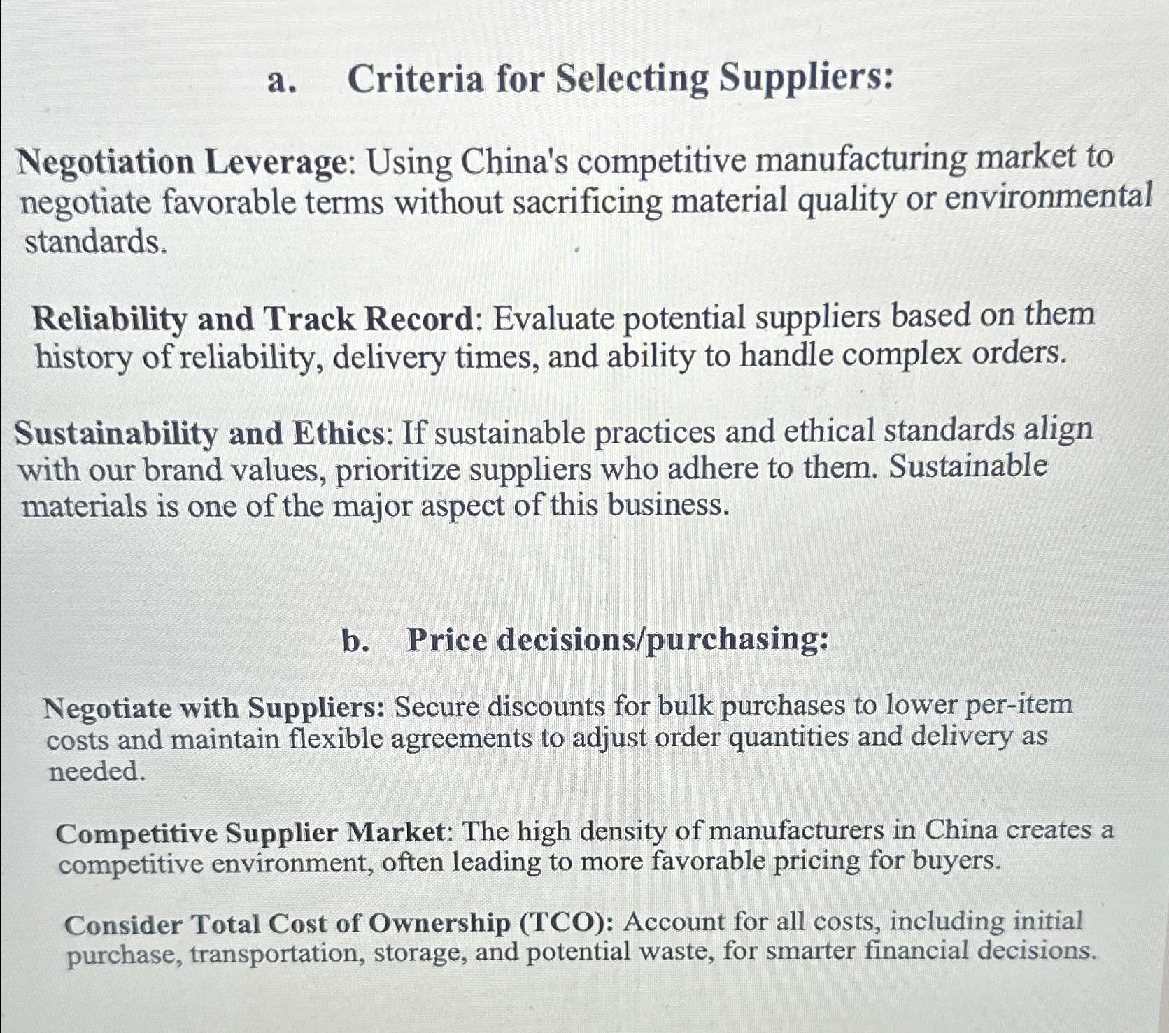 Solved a. ﻿Criteria for Selecting Suppliers:Negotiation | Chegg.com