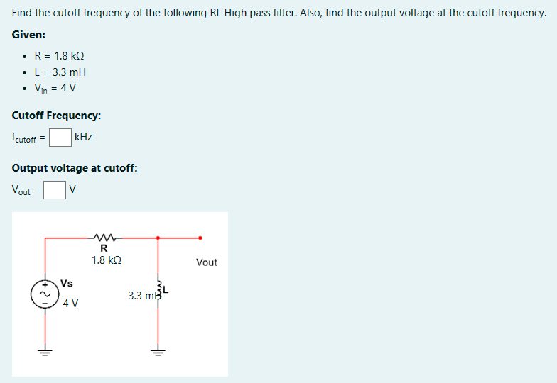 Solved Find the cutoff frequency of the following RL High | Chegg.com