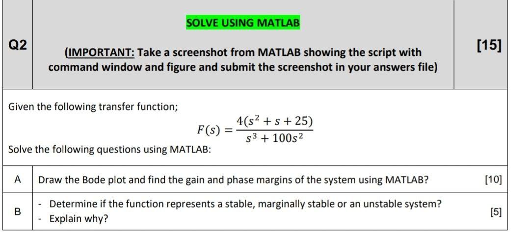 Solved SOLVE USING MATLAB Q2 [15] (IMPORTANT: Take a | Chegg.com