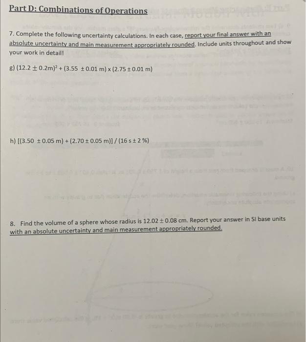 Solved 7. Complete the following uncertainty calculations. | Chegg.com