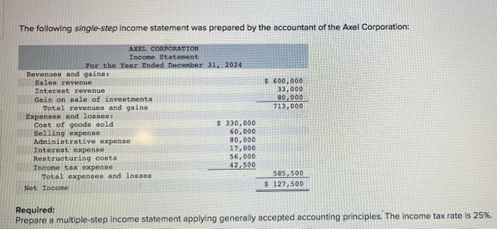 Solved The following single-step income statement was | Chegg.com