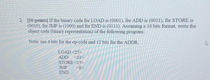 Solved 2. [10 points] If the binary code for LOAD is (0001), | Chegg.com