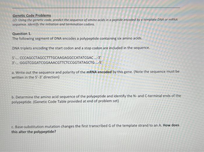 Solved Genetic Code Problems LO: Using the genetic code, | Chegg.com Solved Genetic Code Problems LO: Using the genetic code, | Chegg.com