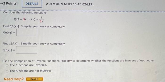 Solved Consider the following functions. f(x)=3x;h(x)=3x1 | Chegg.com