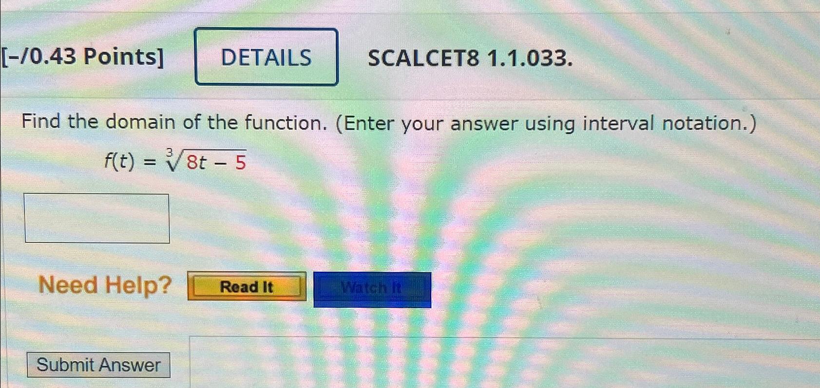 Solved [-/0.43 ﻿Points]SCALCET8 1.1.033.Find the domain of | Chegg.com